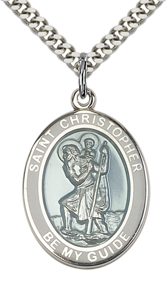 Sterling Silver Saint Christopher Oval Medal Men Necklace 24" Stainless ...